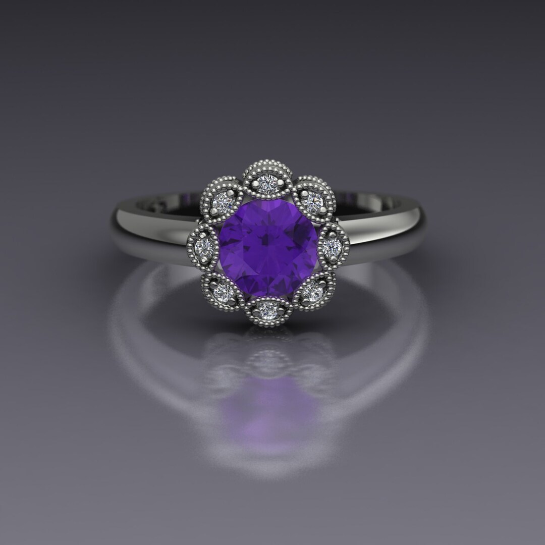 Amethyst and Diamond Flower Ring With Backset Bezel in 14k White Gold ...