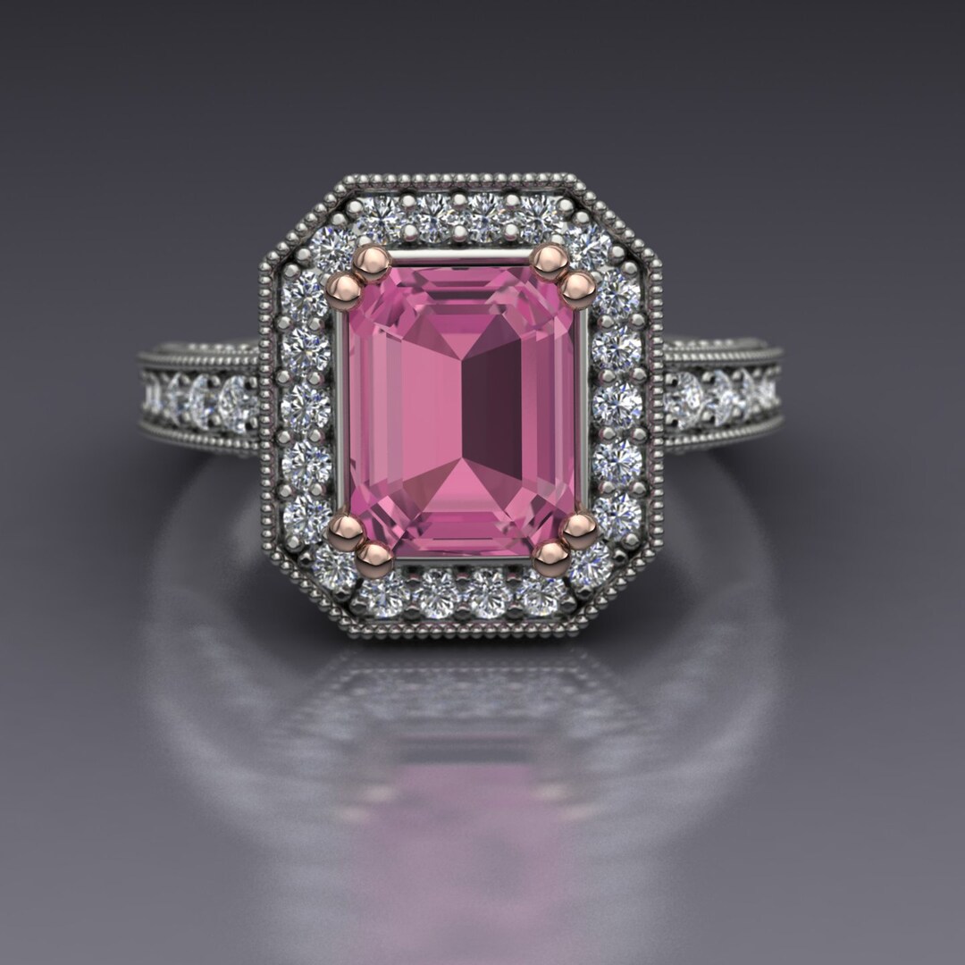 Emerald Cut Pink Tourmaline and Diamond Halo Ring With Channels and Rose Scrolls in 14k Two Tone ...