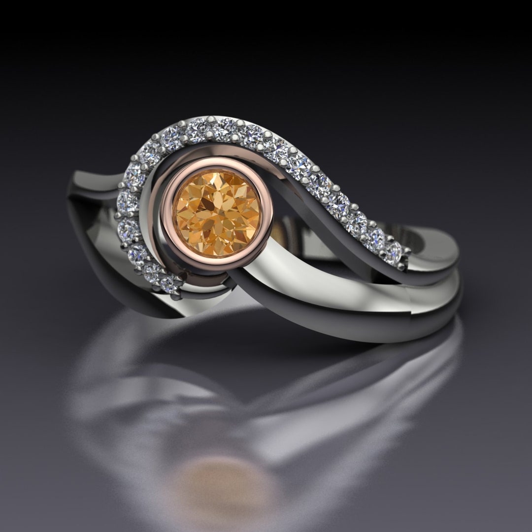 Bezel Set Cognac and White Diamond Swirl Ring in 14k Two Tone Rose and ...