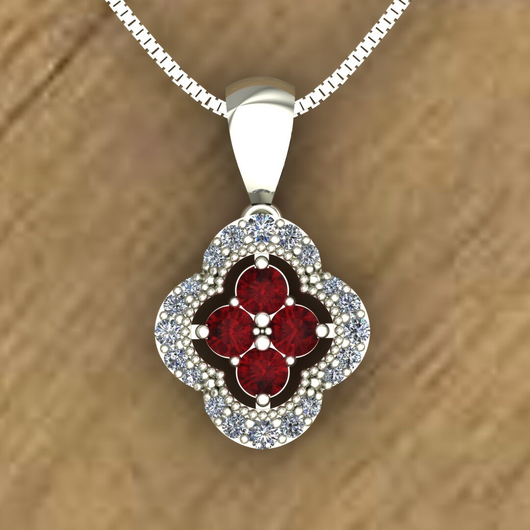 Ruby Pendant Four Stone Cluster Diamond Clover 14k White - Etsy