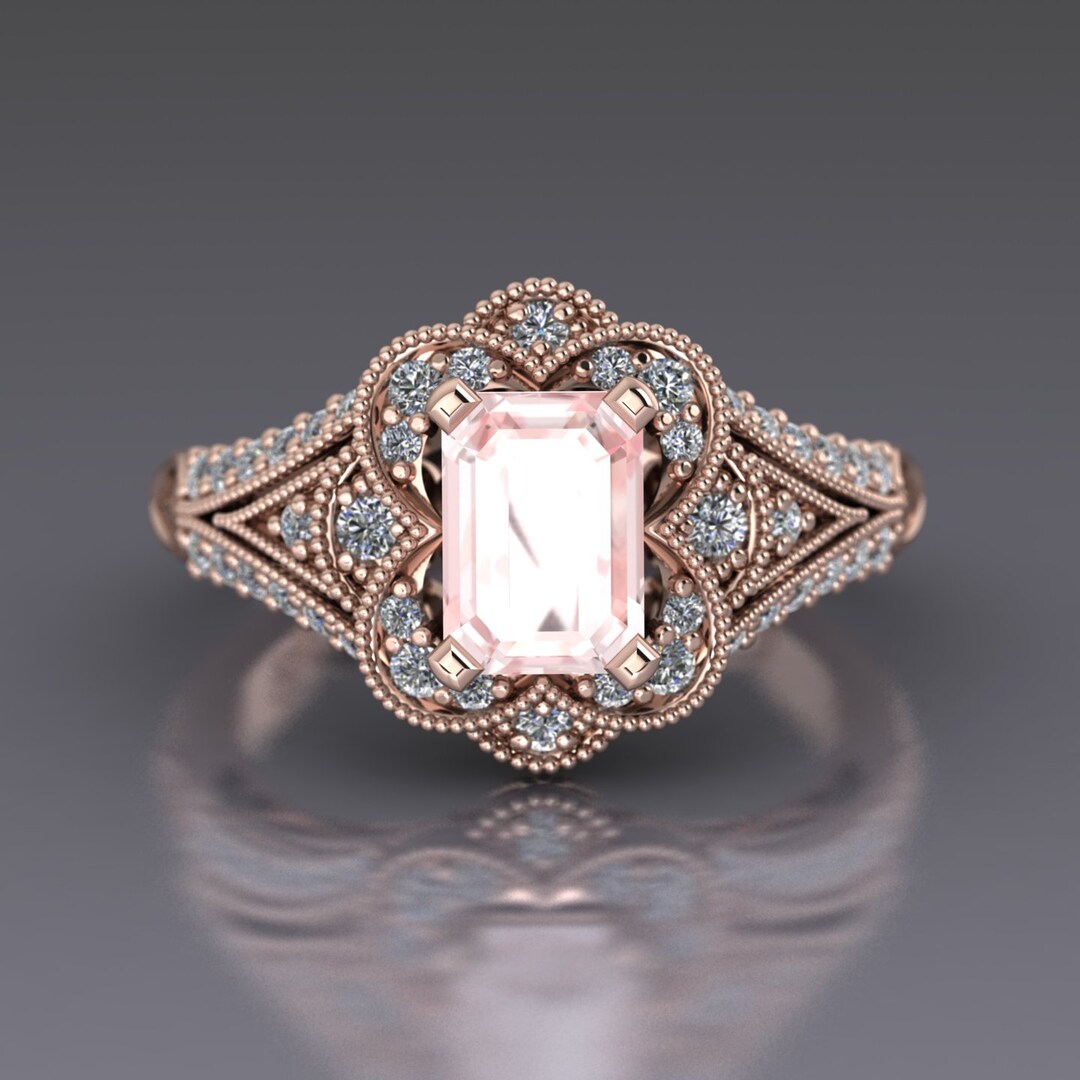 Emerald Cut Morganite and Diamond Scallop Halo Vintage Inspired ...