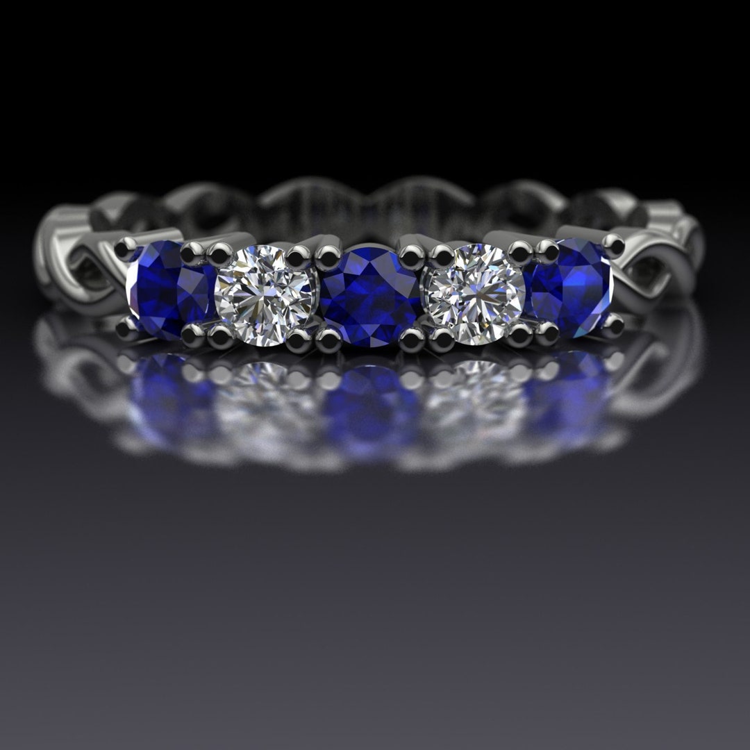 Five Stone Blue Sapphire and Diamond Wedding Band With Woven Twisted ...