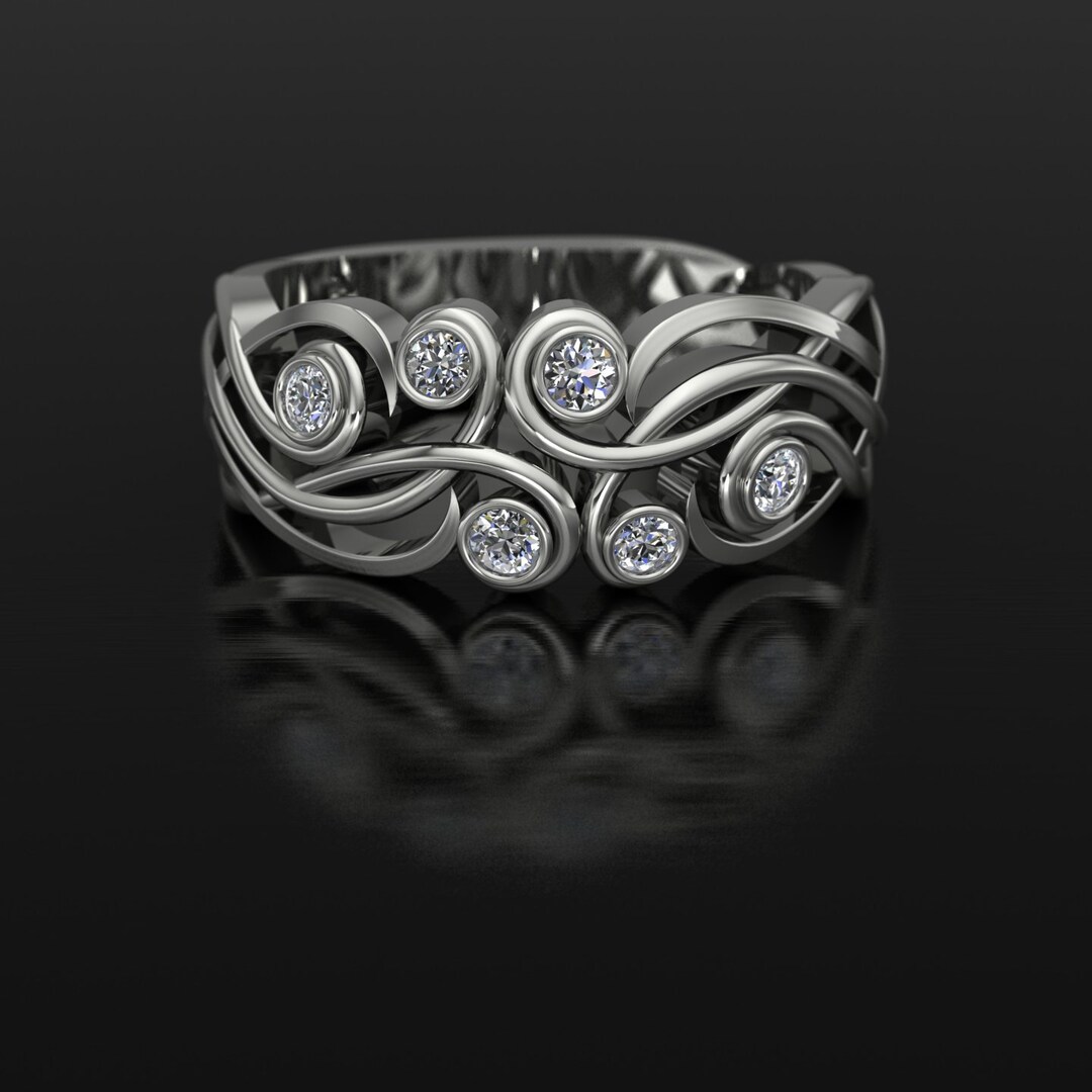 Bezel Set Diamond Elf Scroll Filigree Wedding Band or Anniversary Ring ...