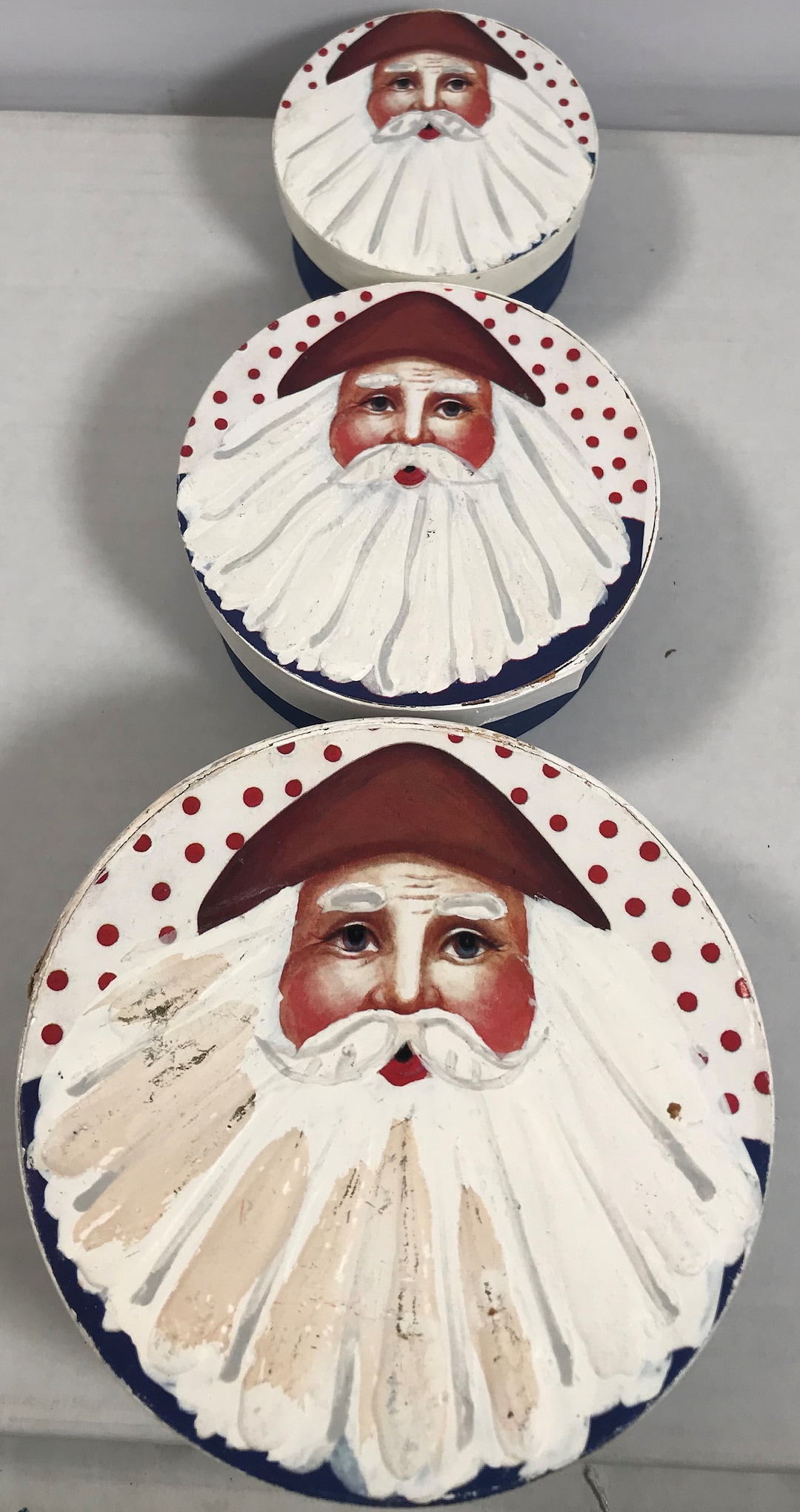 Vintage Handmade Round Wooden Santa Face Nesting Boxes Set of 3 ...
