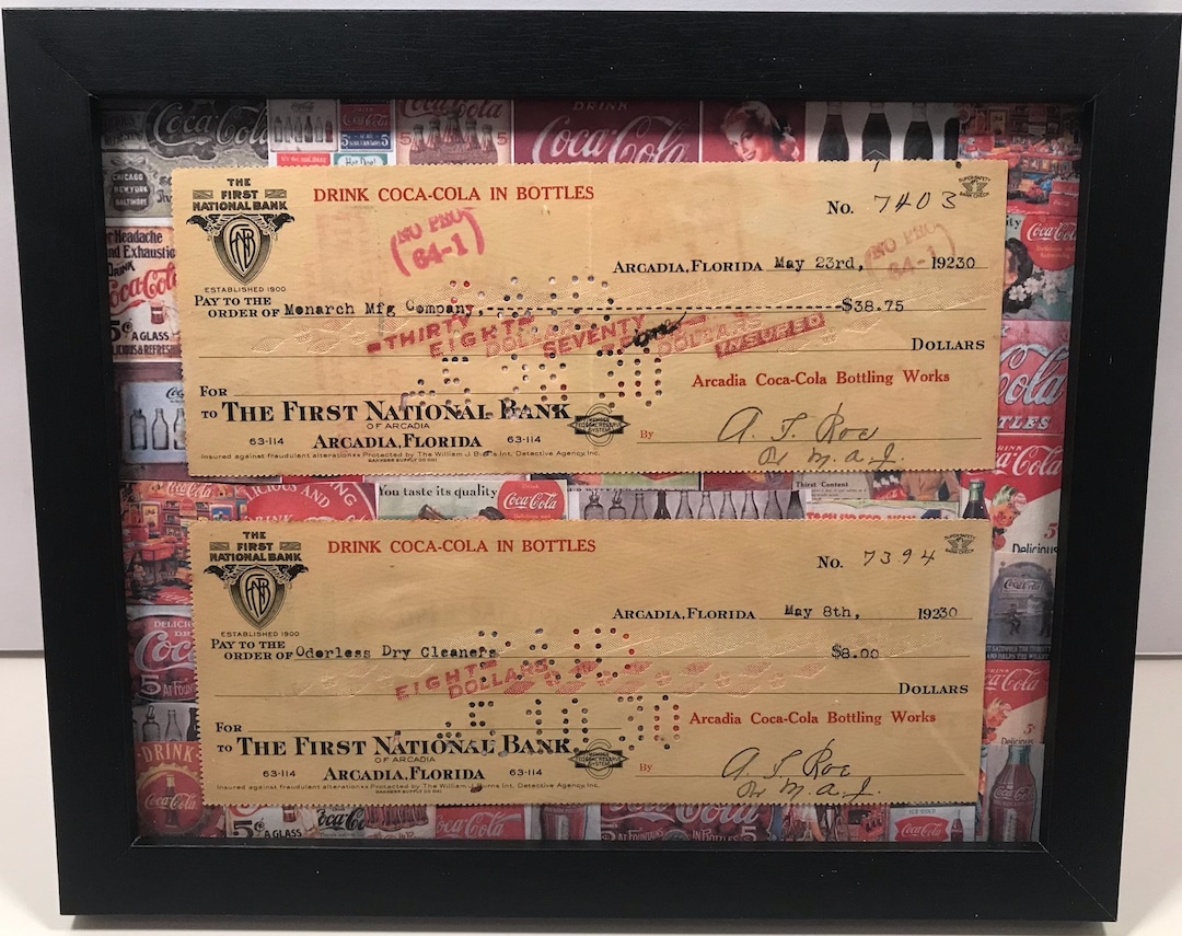 Vintage Coca Cola Bottling Checks Framed Custom Background 1930 Mint - Etsy
