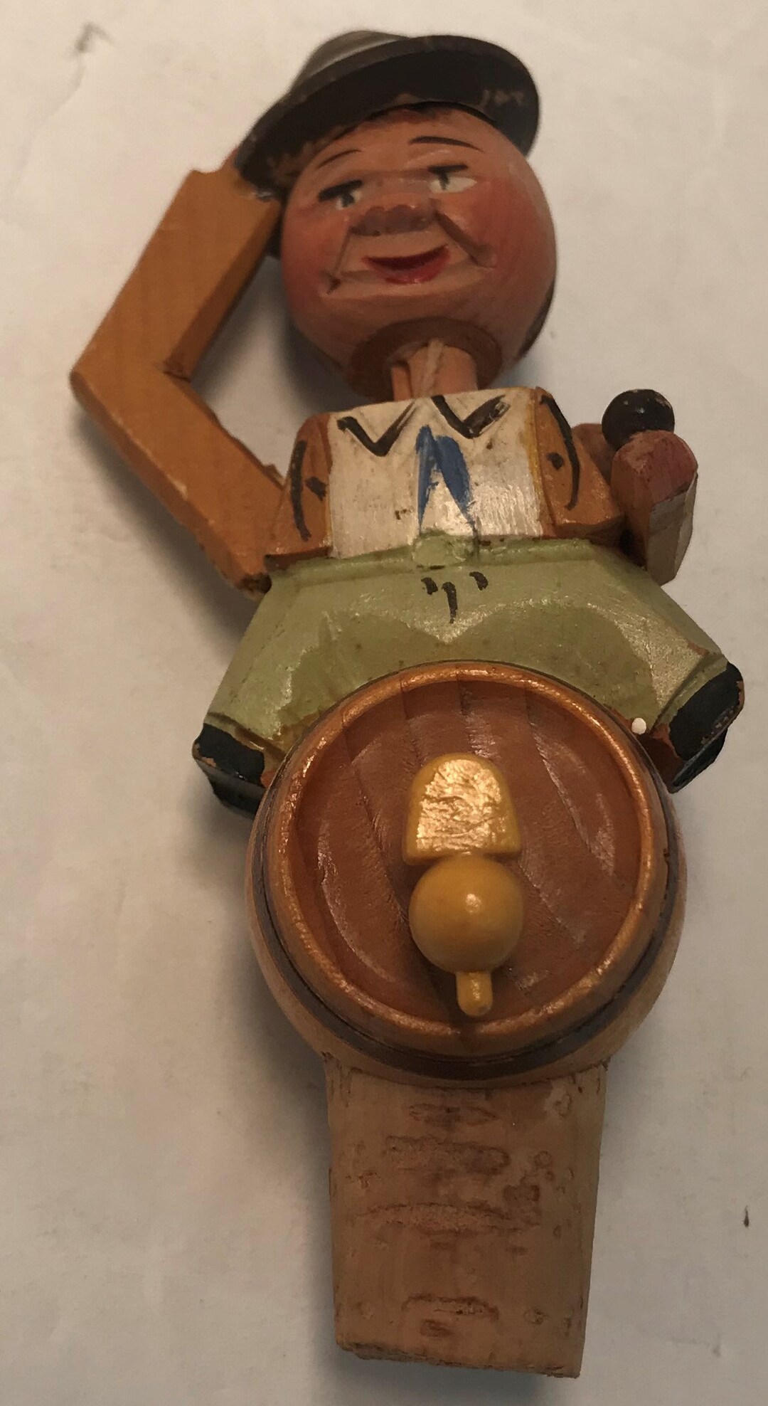 Vintage Hand Carved Wood German Bottle Cork Hat Tipping Man Sitting on ...