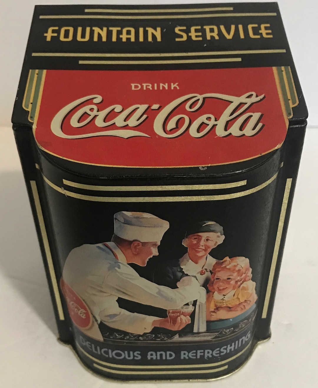 Vintage Coca Cola Flip Top Canister Fountain Service the Tin Box Co ...