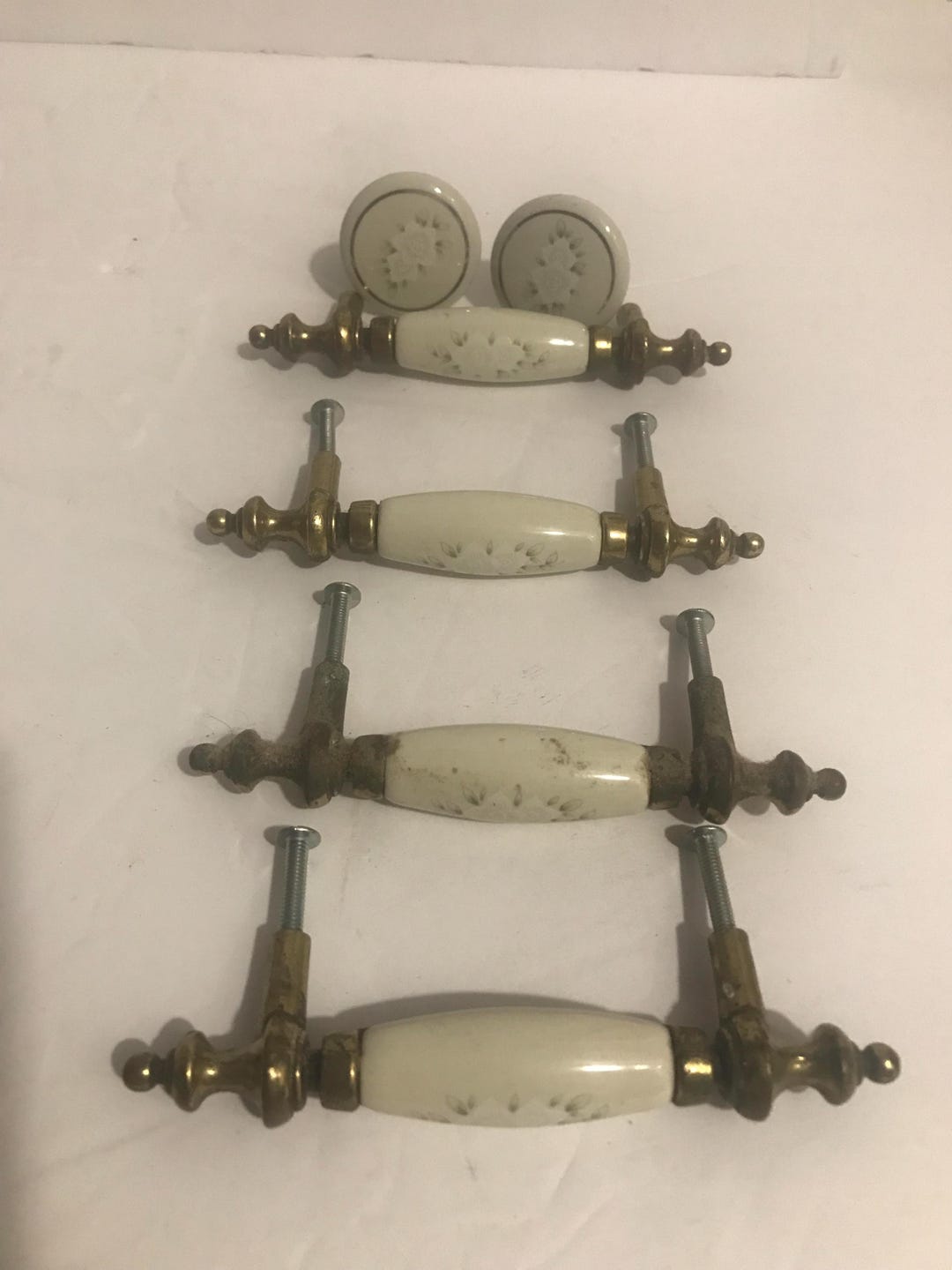 Set 6 Vintage KBC Keeler Brass Cream Porcelain Cabinet Drawer Handle ...