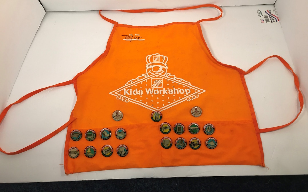 Vintage Home Depot Kid's Workshop Apron With 19 Project Pins 1998 ...