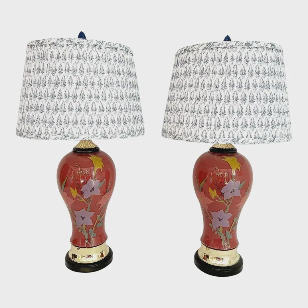 Pair Floral Glass Vase Lamps & Shades, 1970s - Etsy