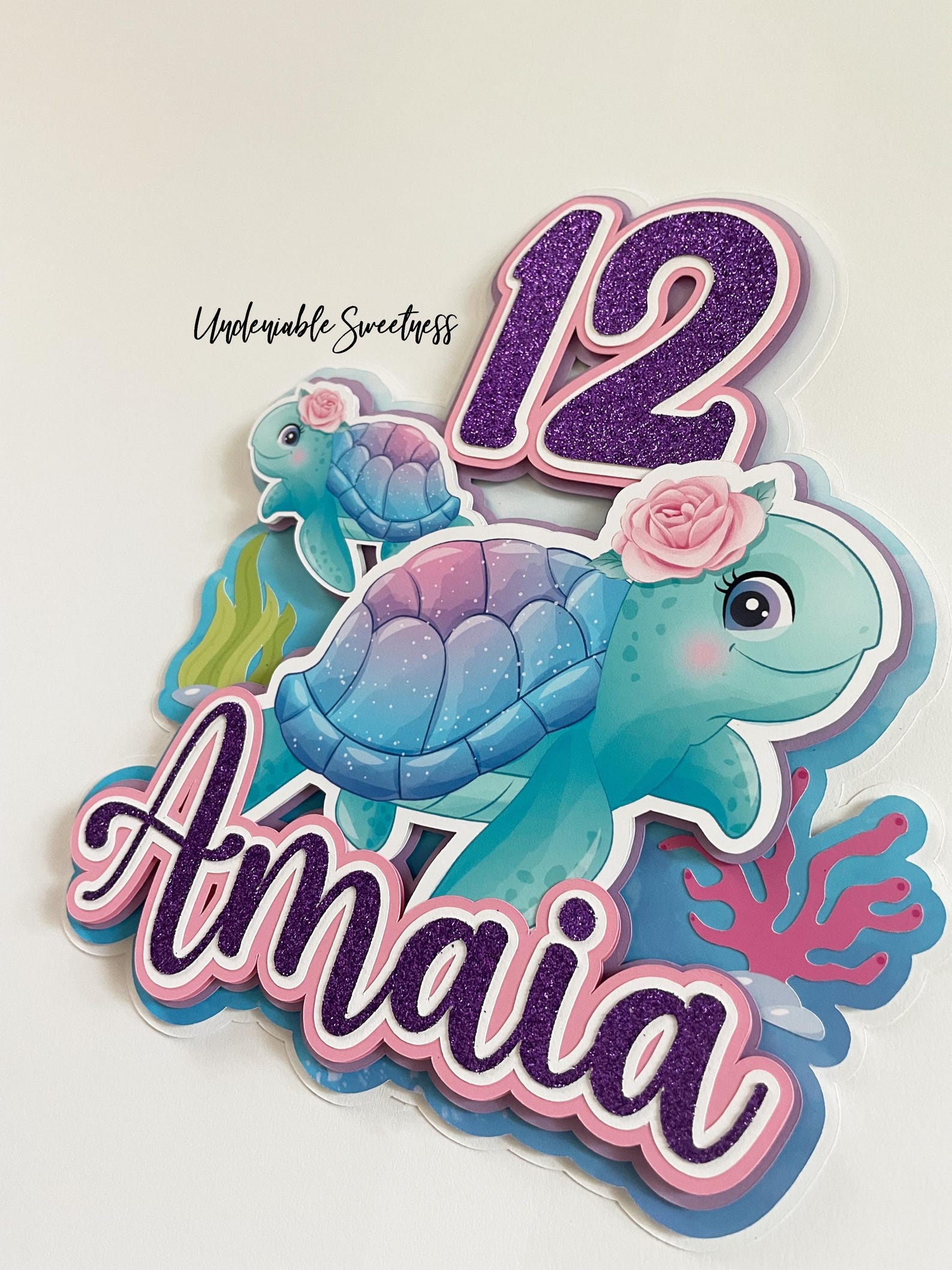 Personalized Sea Turtle Cake Topper, Purple Glitter Under the Sea Party ...