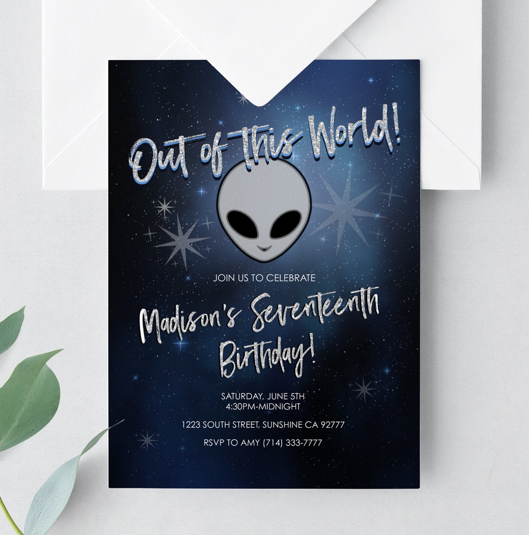 Galaxy Stars Alien Printable Birthday Invitation, Blue Space Stars ...