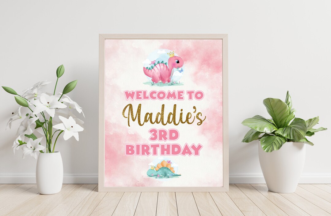 Dinosaur Girl Printable Welcome Sign, Dinosaur Pink Birthday, Pink ...