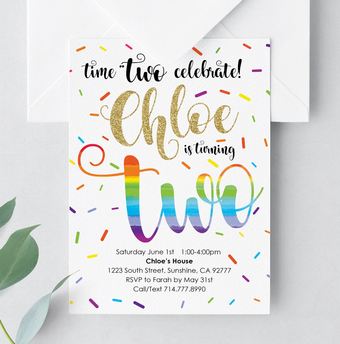 2nd Birthday Printable Invitation Rainbow Sprinkles Two Year Old ...