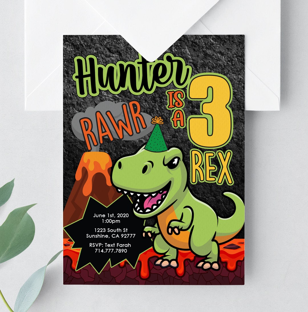 Dinosaur 3-rex Birthday Party Invitation, 3 Year Old's Birthday Party ...