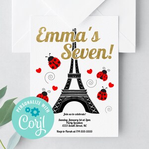 Ladybug Eiffel Tower Paris Birthday Invitation, Cute Ladybug Miraculous ...