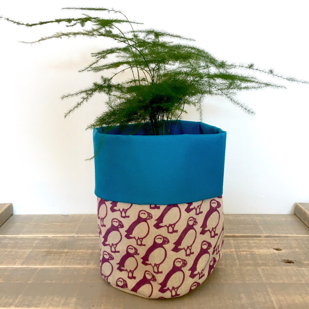 Puffin Planter. Fabric Plant Pot. Home Storage Basket. Purple Linocut ...