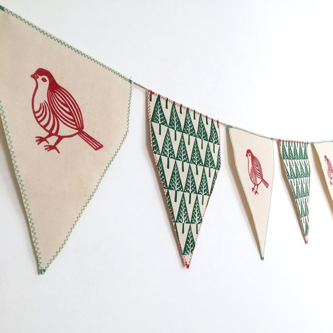 Christmas Bunting. Linocut Robin and Trees. Handmade. Festive Hanging ...