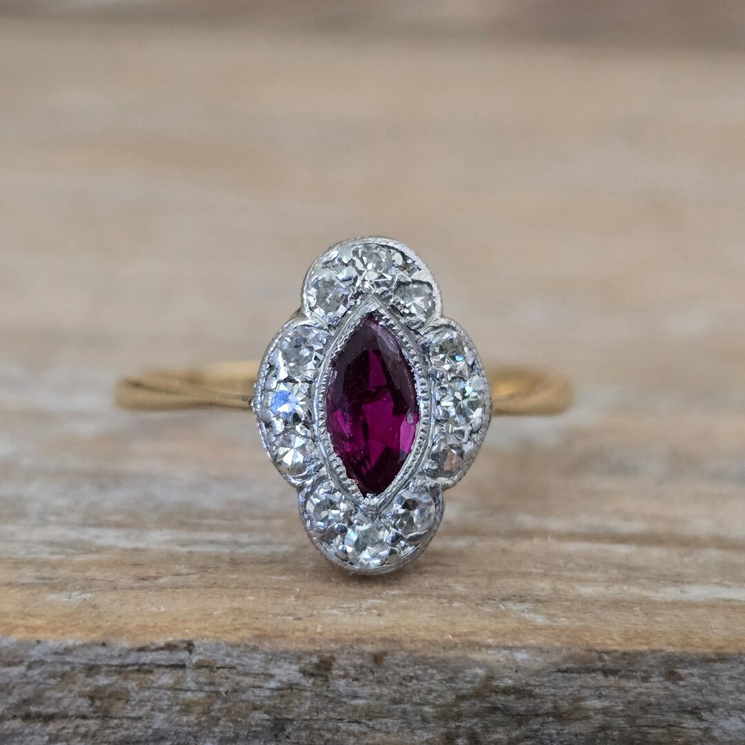 Vintage Antique Art Deco Ruby & Diamond Engagement Ring in 18k Yellow ...