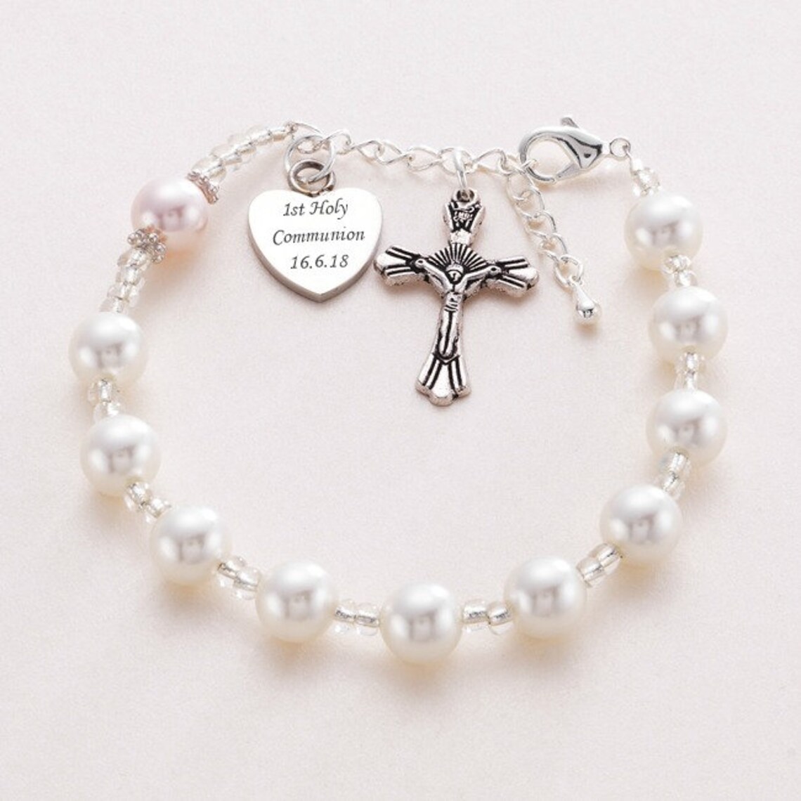 Personalised Rosary Bracelet with Cross and Engraved Heart | Etsy