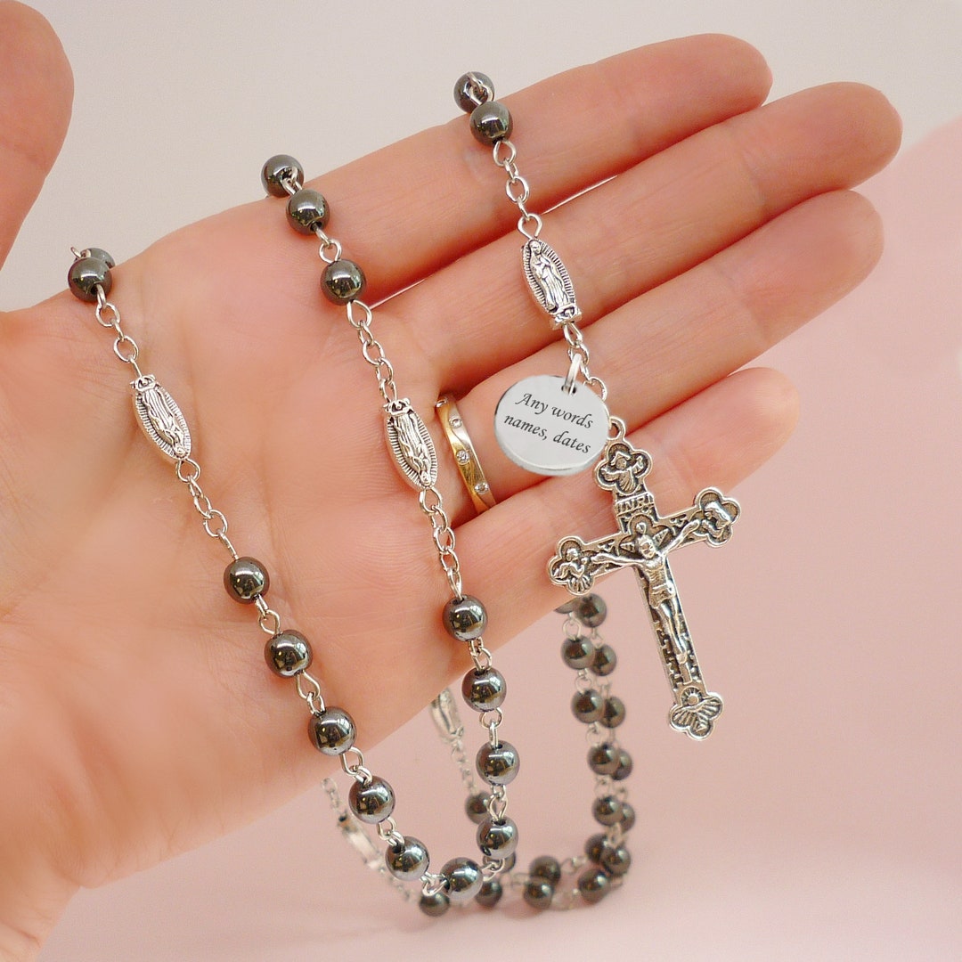 First Holy Communion Gift for a Boy, Personalised Rosary Beads in Black ...