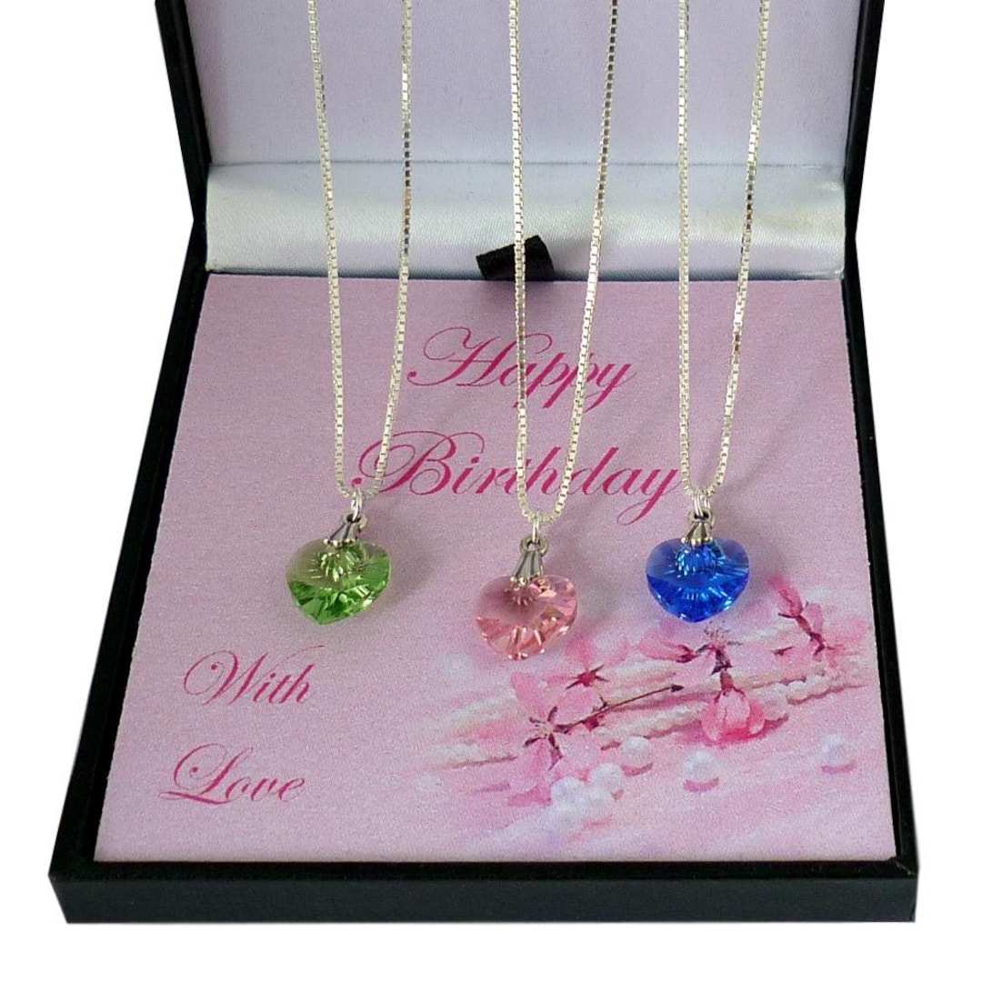 Birthstone Necklace in Happy Birthday Gift Box. Sterling Silver With ...