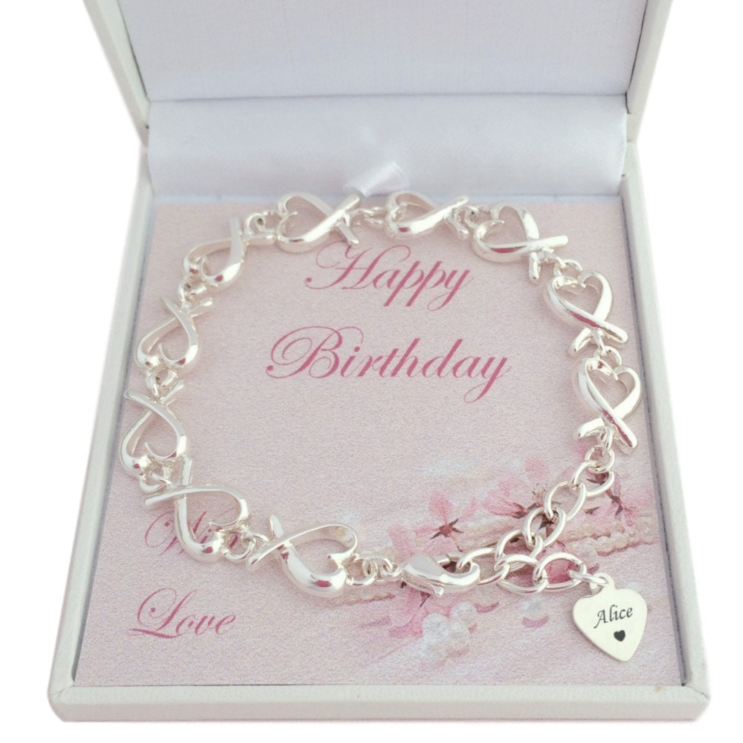 Happy Birthday Bracelet, Engraved Silver Charm, Chain Bracelet With ...