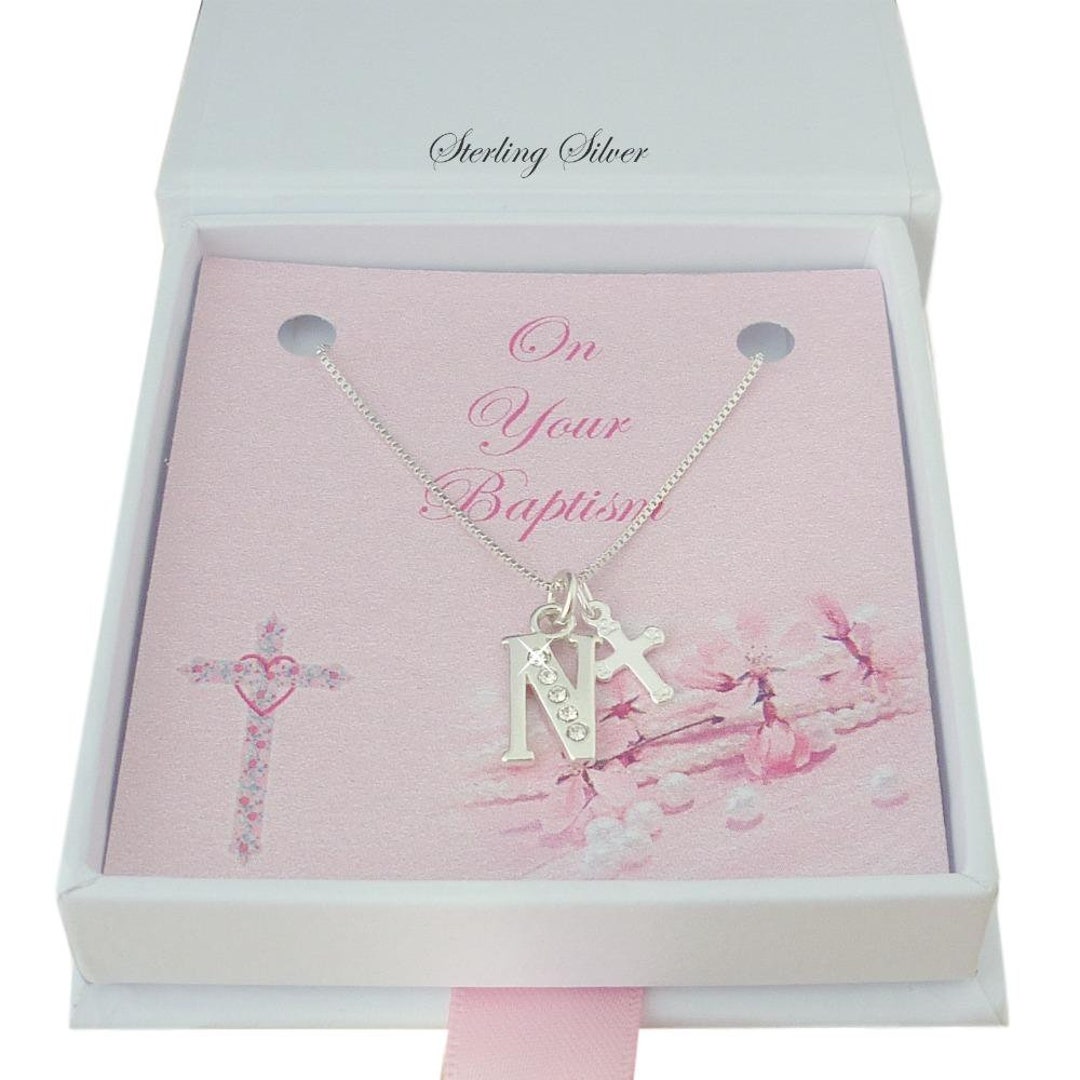 Baptism Necklace, Sterling Silver Cross Charm and Initial Letter Charm ...