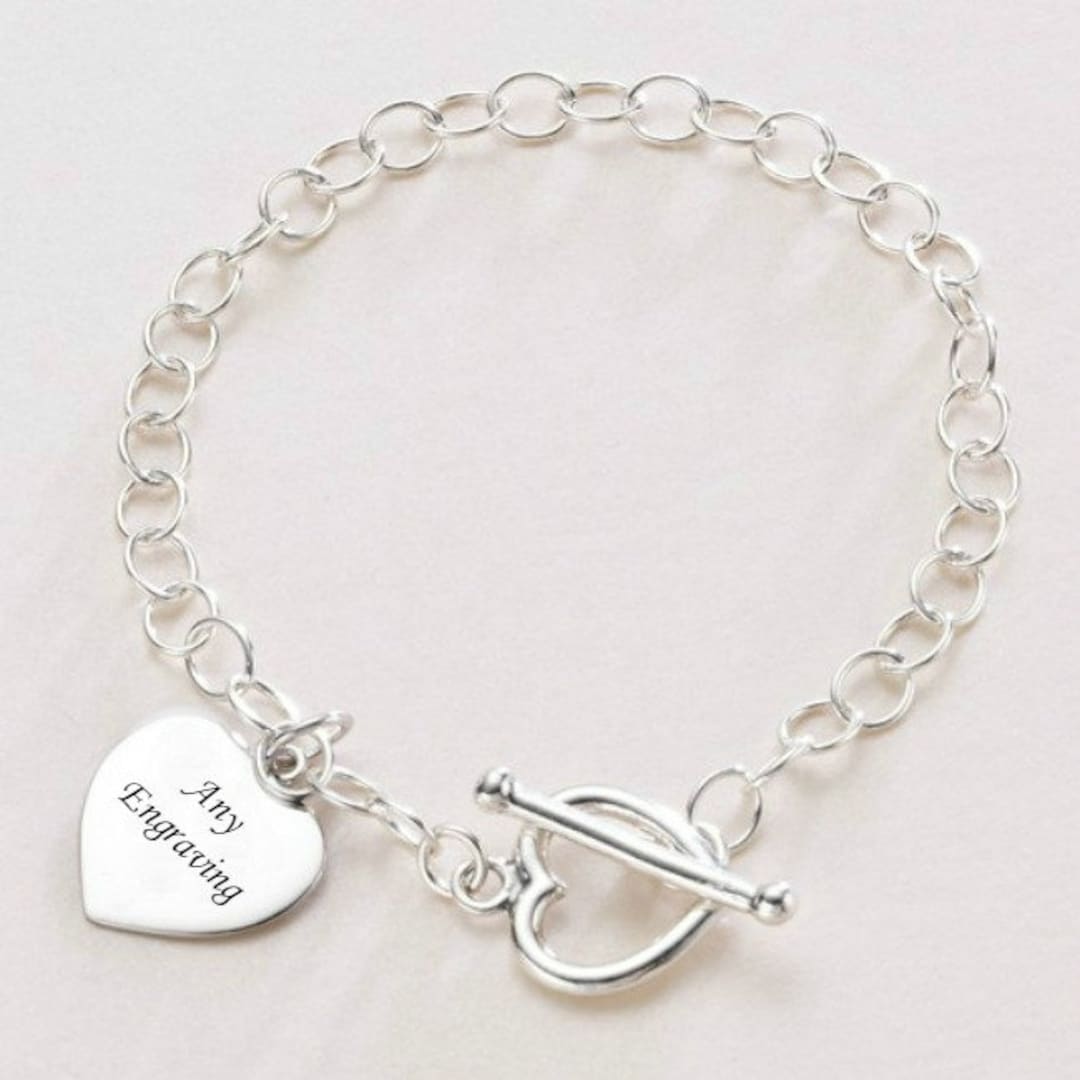 Engraved Sterling Silver Charm Bracelet With Heart Toggle. Personalised ...
