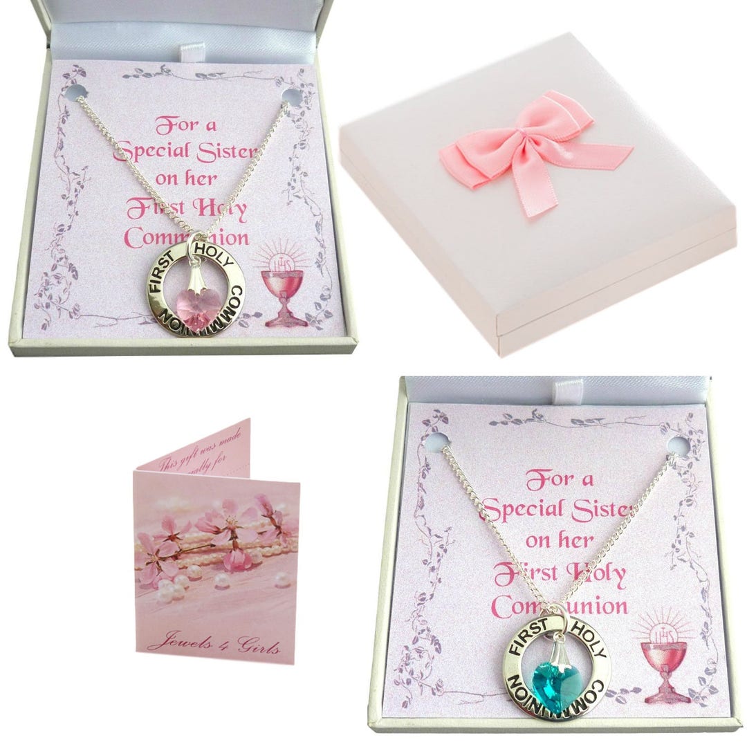 First Holy Communion Necklace With Birthstone Heart and Cross - Etsy