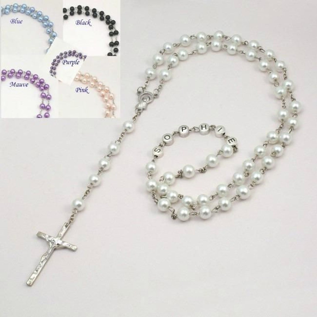 Personalised Rosary Beads With Any Name in Pink, Blue White, Black Etc ...