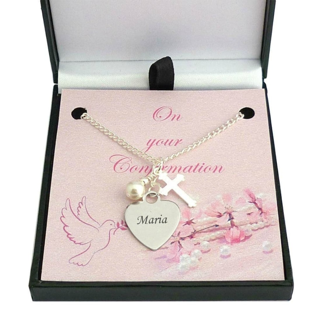 Engraved Confirmation Necklace With Cross and Pearl. Personalised Gift ...