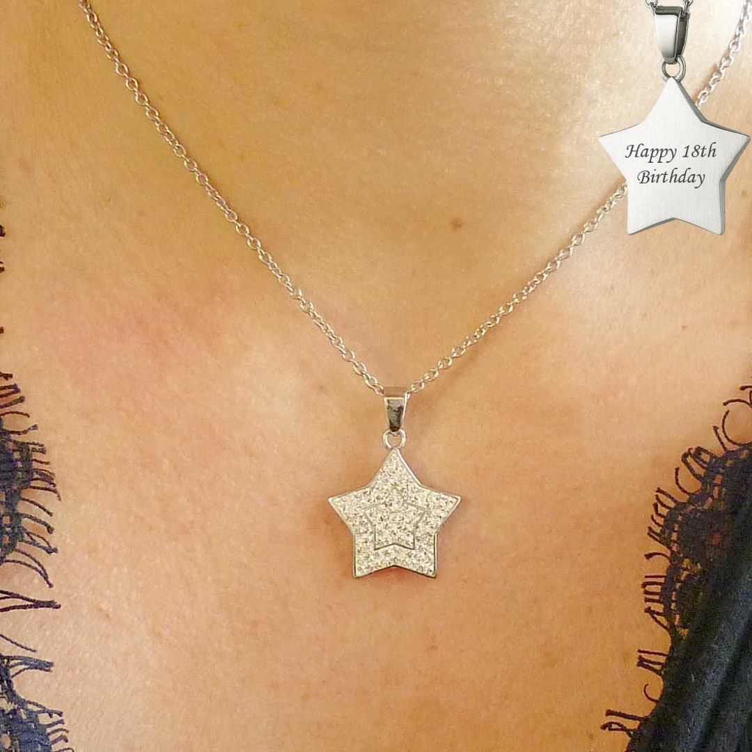 Engraved Silver Star Necklace With Engraving, Pavé Czech Crystals ...