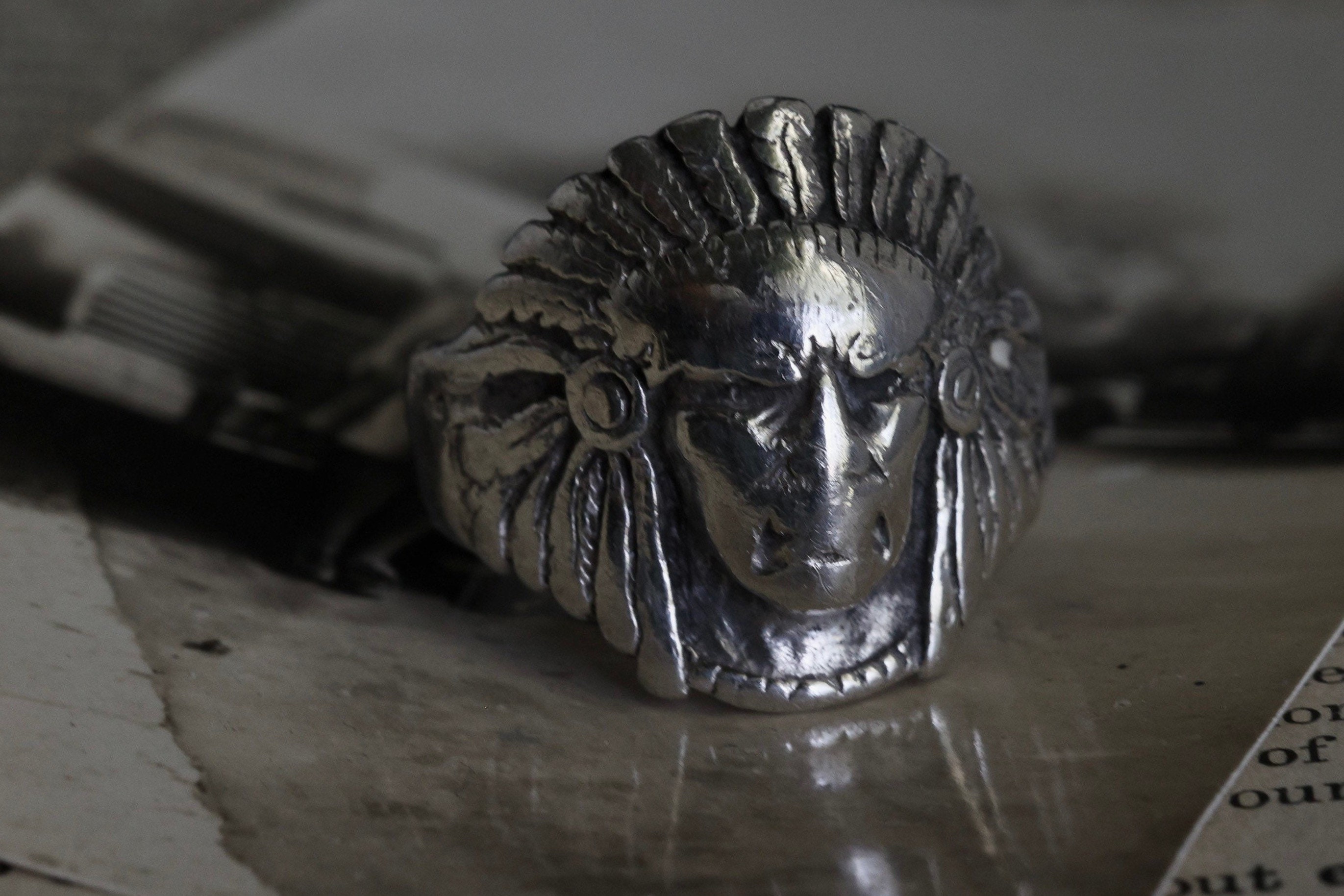 Vintage Chief Ring Sterling Native American Indian Head Ring Mens Biker ...