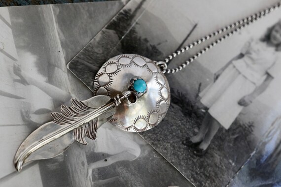 Vintage Navajo Sterling Silver Concho Feather Necklac… - Gem