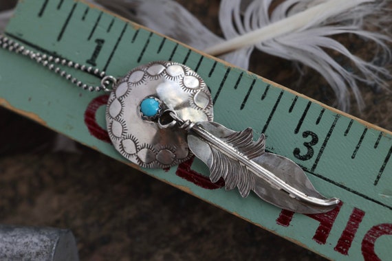 Vintage Navajo Sterling Silver Concho Feather Necklac… - Gem