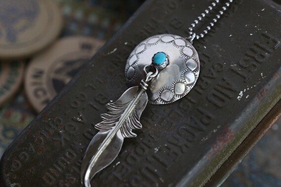 Vintage Navajo Sterling Silver Concho Feather Necklac… - Gem