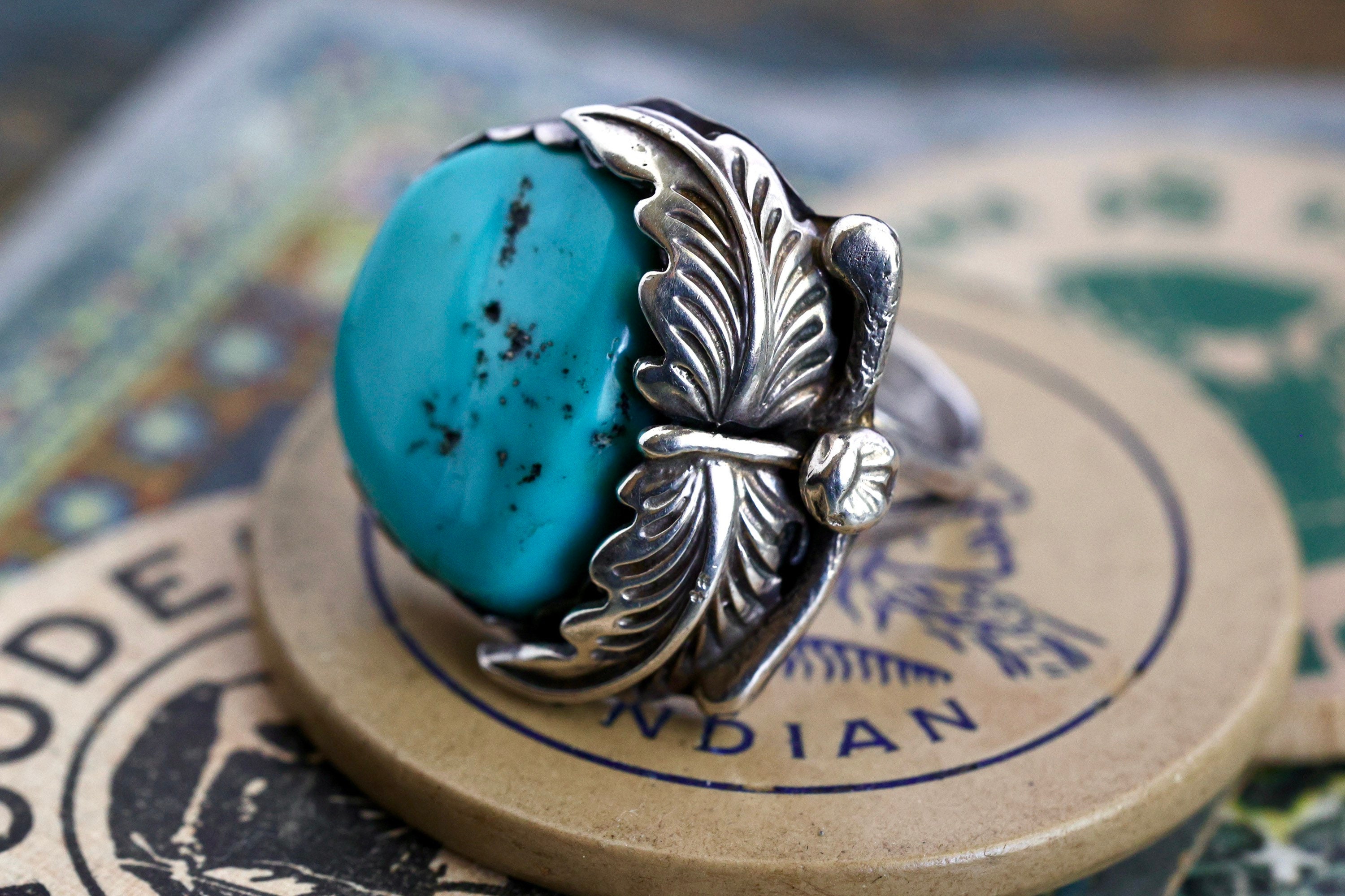 Vintage Navajo Turquoise Ring Kingman Turquoise Feather Ring Large ...