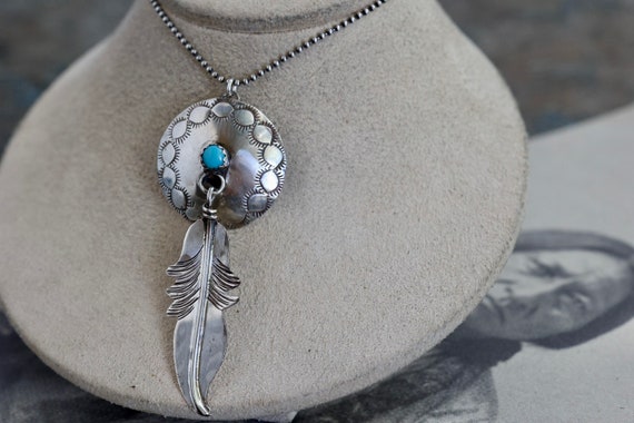 Vintage Navajo Sterling Silver Concho Feather Necklac… - Gem