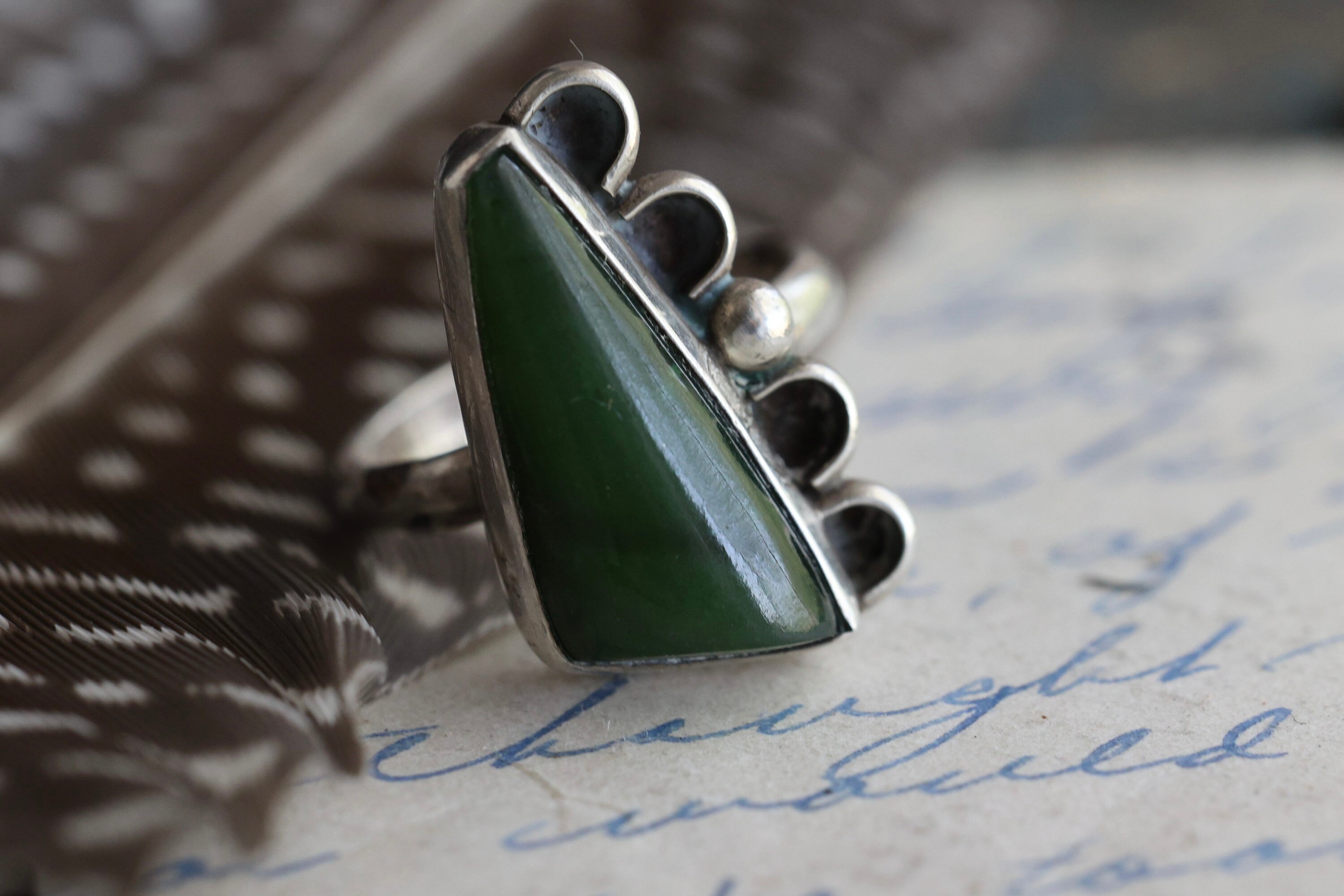 Vintage Navajo Green Nephrite Jade Ring Old Pawn Sterling Silver Native ...