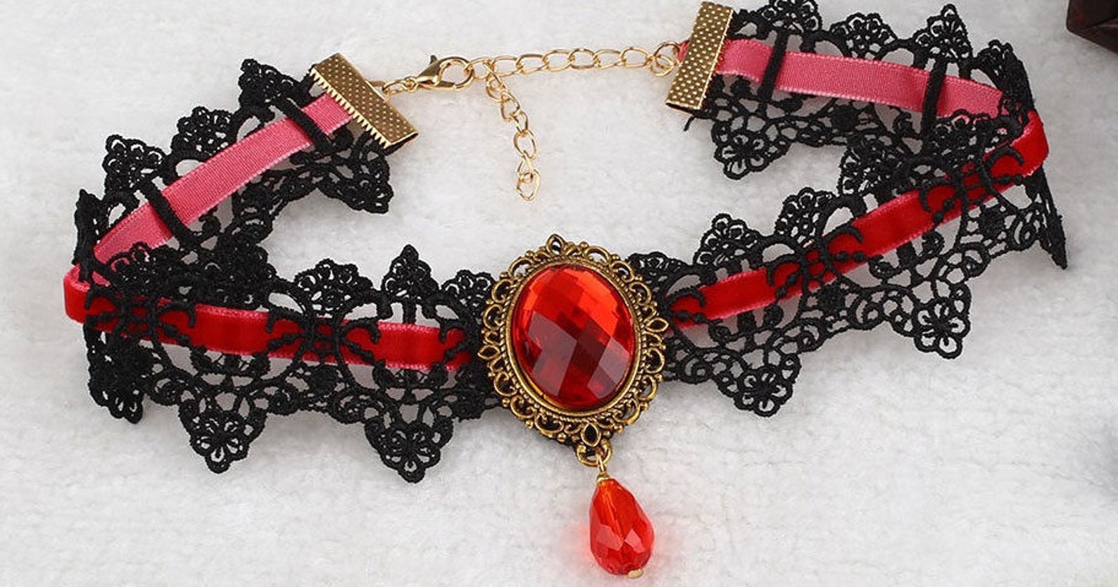 Handmade Victorian Goth Red Ribbon Crystal Bead Black Lace | Etsy