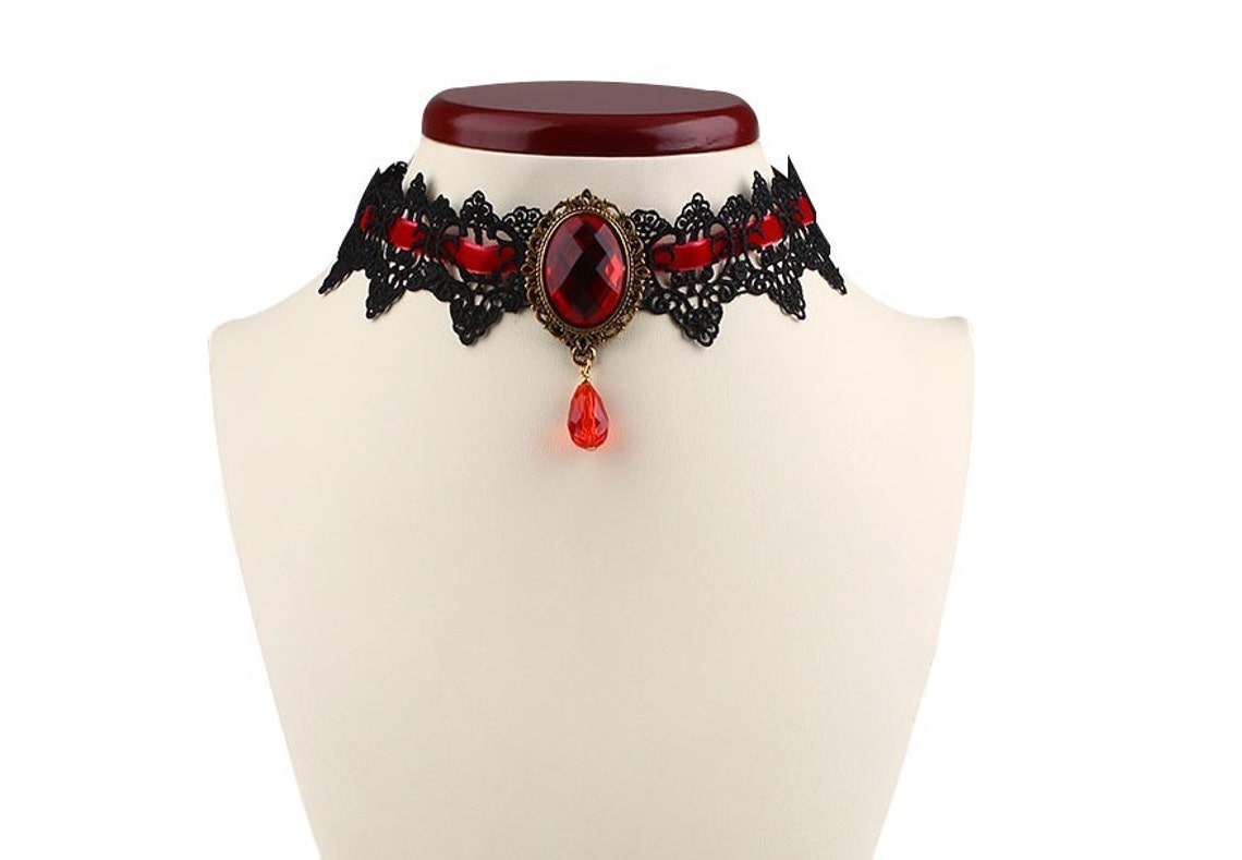 Handmade Victorian Goth Red Ribbon Crystal Bead Black Lace Choker ...