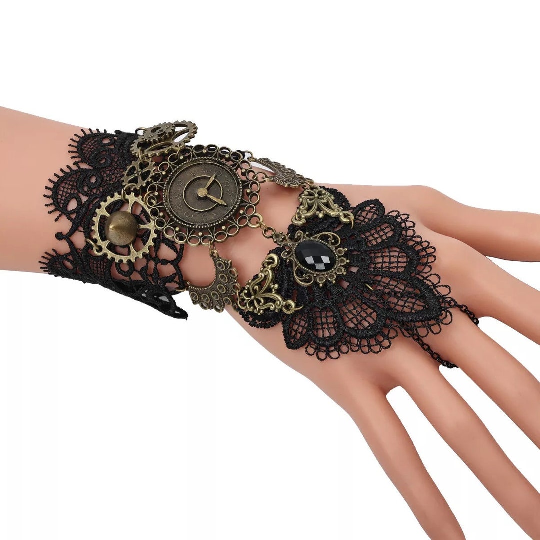 Vintage Steampunk Goth Chain & Gears Black Lace Glove Bracelet With ...