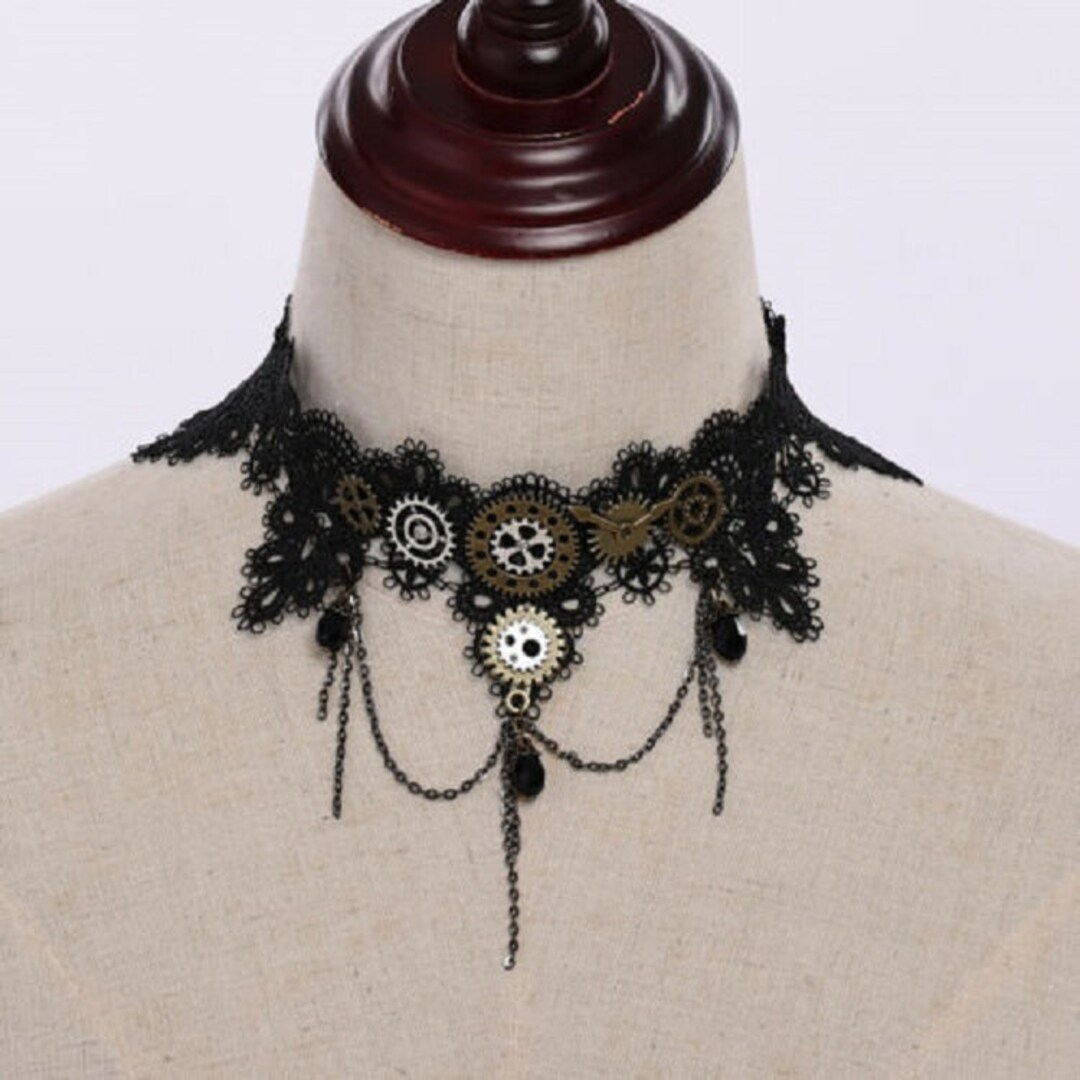 Vintage Steampunk Goth Chain & Gears Black Lace Choker Necklace #SP ...
