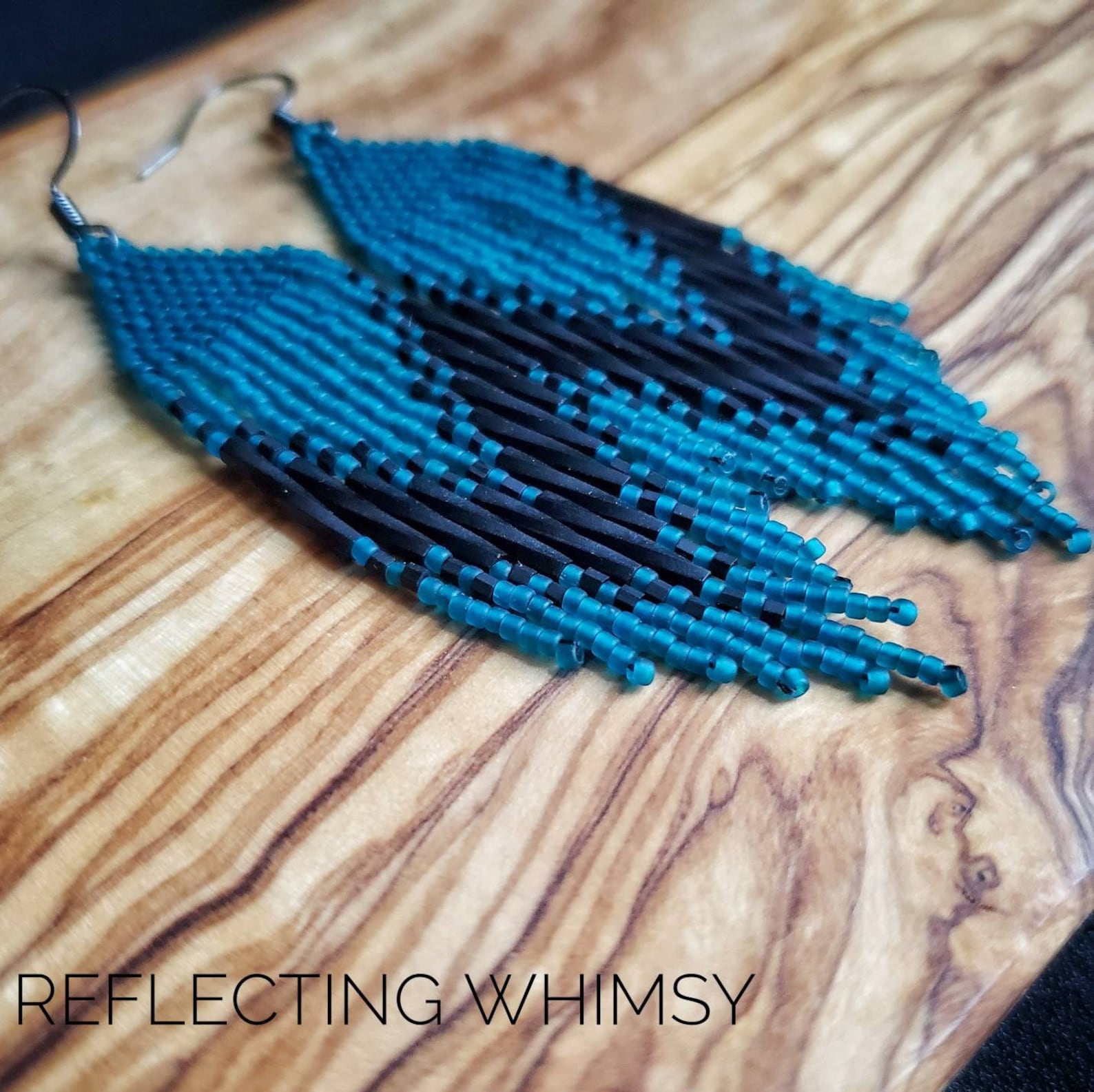 Obsidian Teal Seed Beaded Fringe Earrings - Etsy