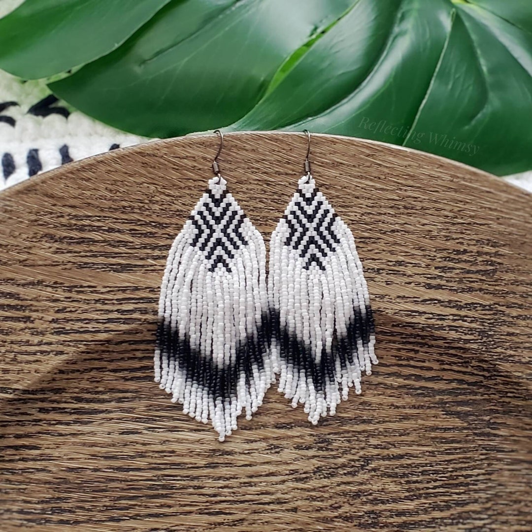 Confluence Black and White Beaded Fringe Earrings, Mudcloth Inspired ...
