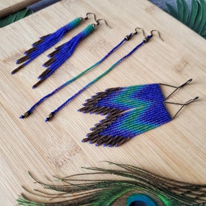 Peacock's Pride Beaded Triangles, Seed Bead Fringe Earrings - Etsy