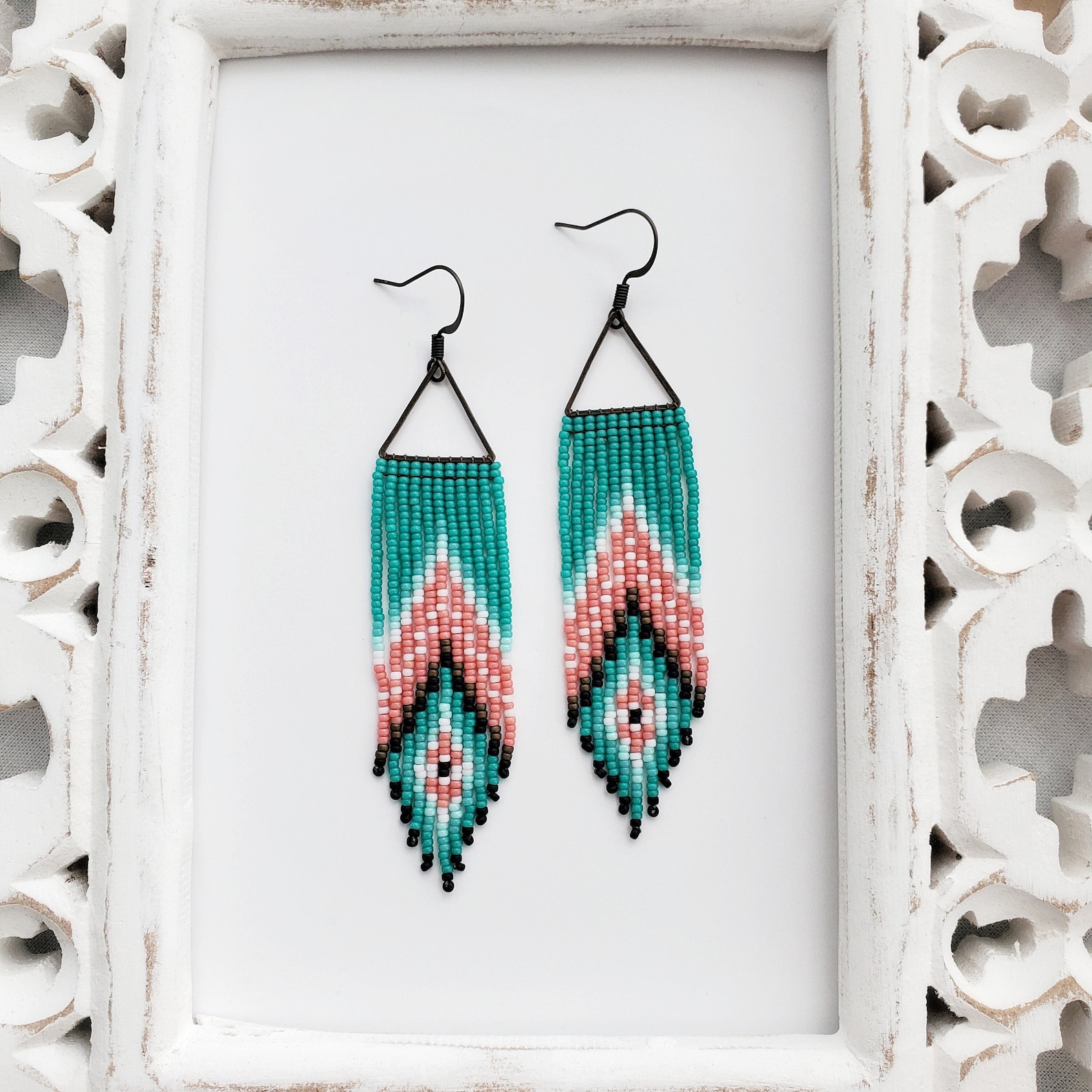 Teal Fringed Triangles, Seed Bead Fringe Earrings, Seaside Collection ...