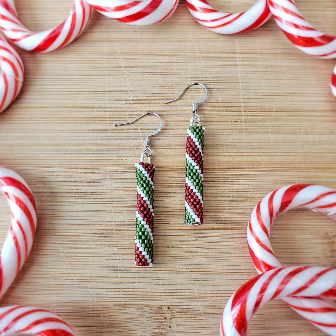Red and Green Peppermint Stick Shorter Seed Bead Earrings, Holiday ...