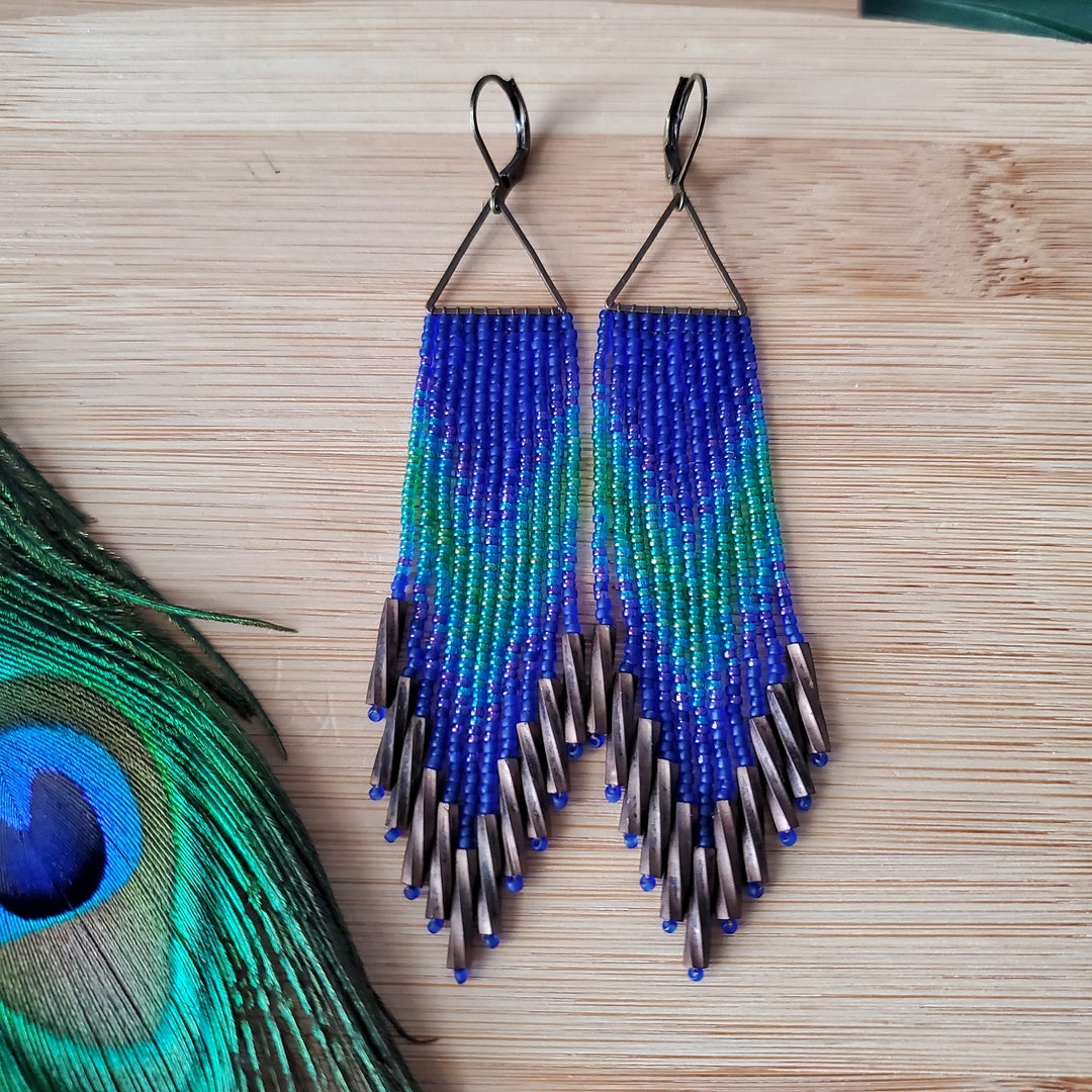 Peacock's Pride Beaded Triangles, Seed Bead Fringe Earrings - Etsy
